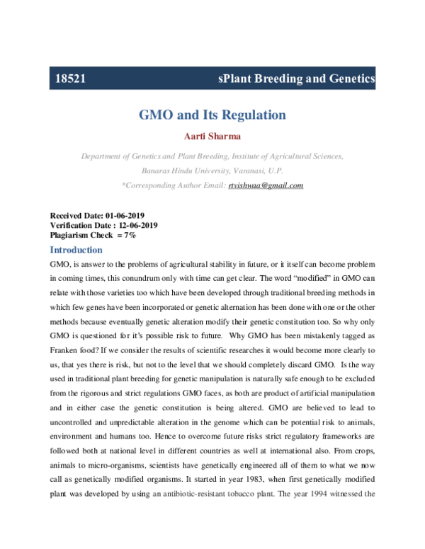(PDF) GMO and Its Regulation | aarti sharma - Academia.edu