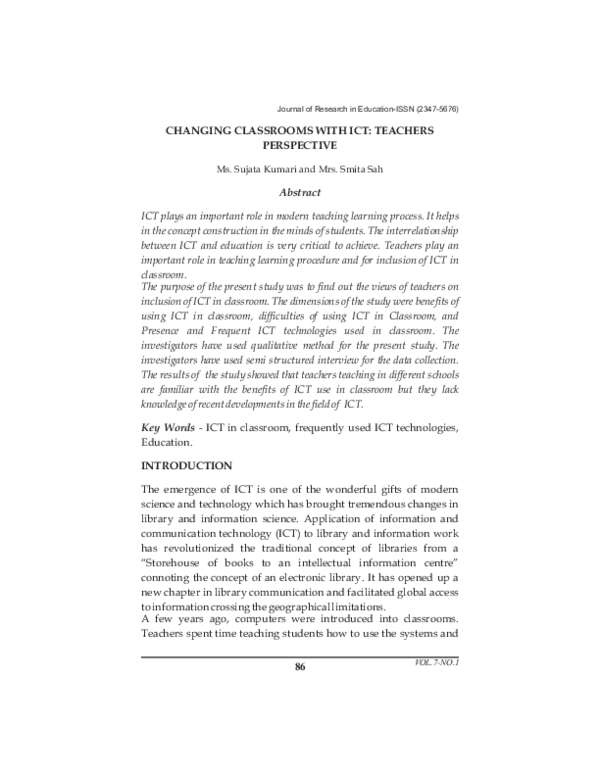 (PDF) Changing Classroom with ICT : Teachers Perspective