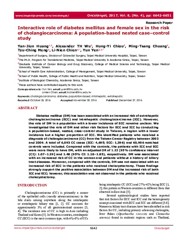 Pdf Diabetes Mellitus And Cholangiocarcinoma Risk