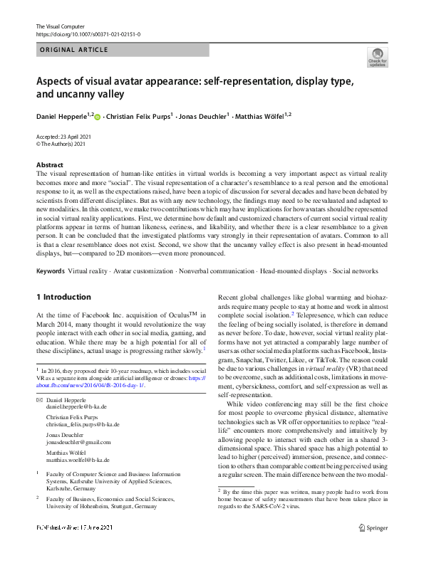 (PDF) Aspects of visual avatar appearance: self-representation, display ...