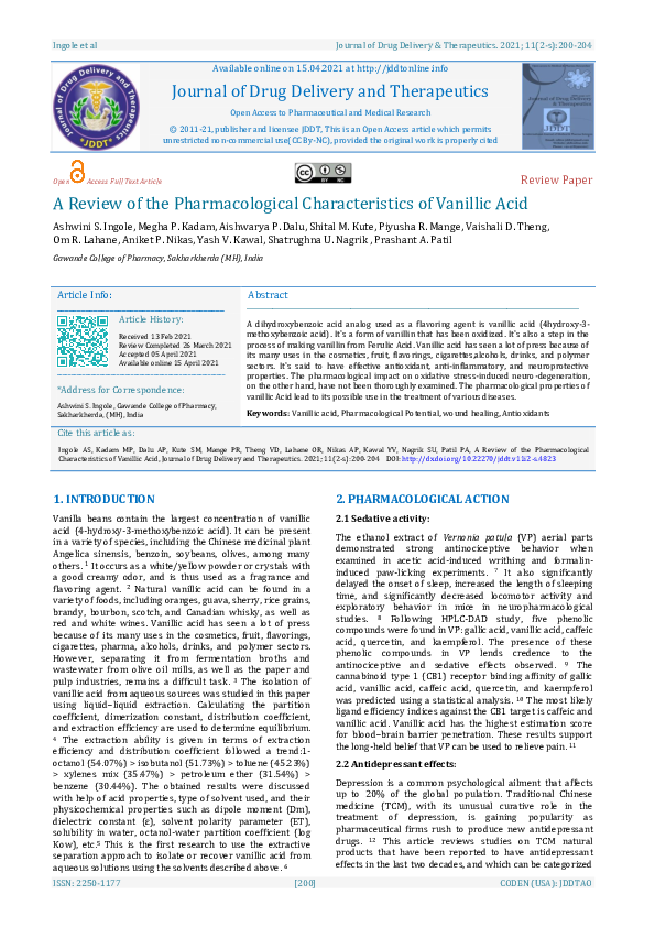 (PDF) A Review of the Pharmacological Characteristics of Vanillic Acid