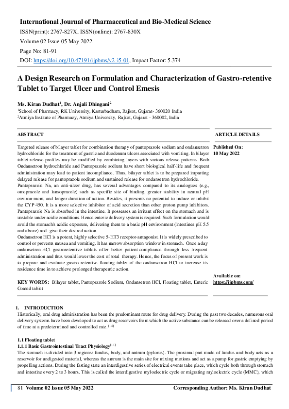Pdf A Design Research On Formulation And Characterization Of Gastro Retentive Tablet To Target