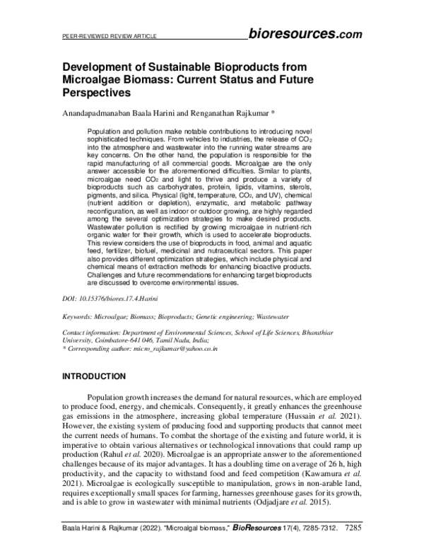 (PDF) Development of sustainable bioproducts from microalgae biomass: Current status and future ...