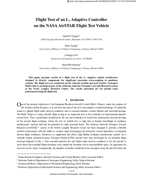 (PDF) Flight Test of an L1 Adaptive Controller on the NASA AirSTAR ...