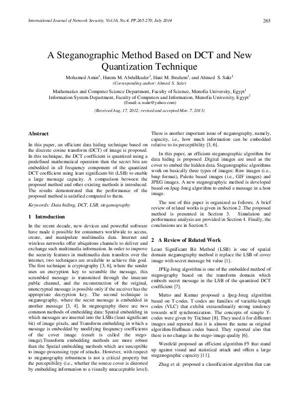 (PDF) A steganographic method based on DCT and new quantization technique