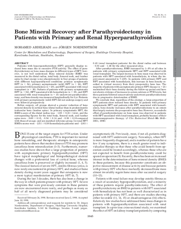 (PDF) Bone Mineral Recovery after Parathyroidectomy in Patients with ...