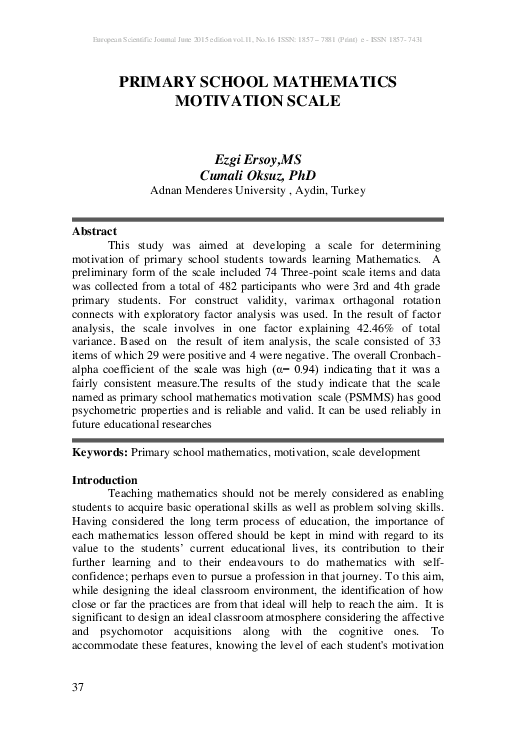 (PDF) Primary School Mathematics Motivation Scale