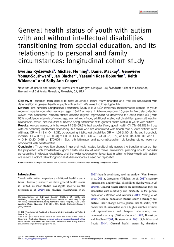(PDF) General health status of youth with autism with and without ...