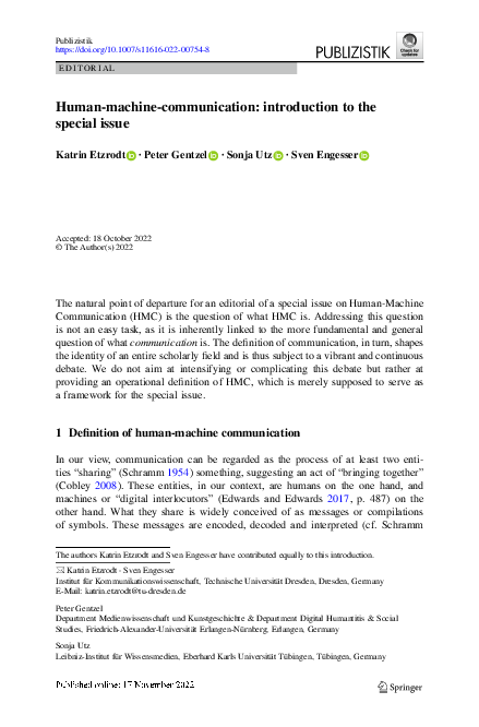 (PDF) Human-machine-communication: introduction to the special issue
