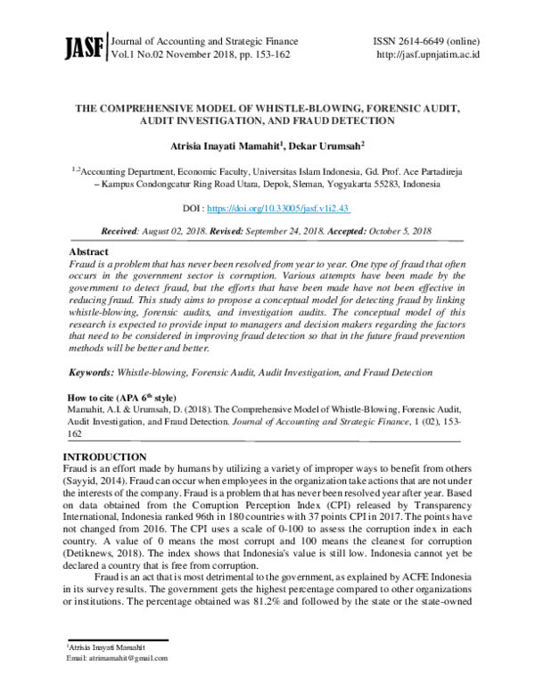 (PDF) The Comprehensive Model of Whistle-Blowing, Forensic Audit, Audit Investigation, and Fraud ...