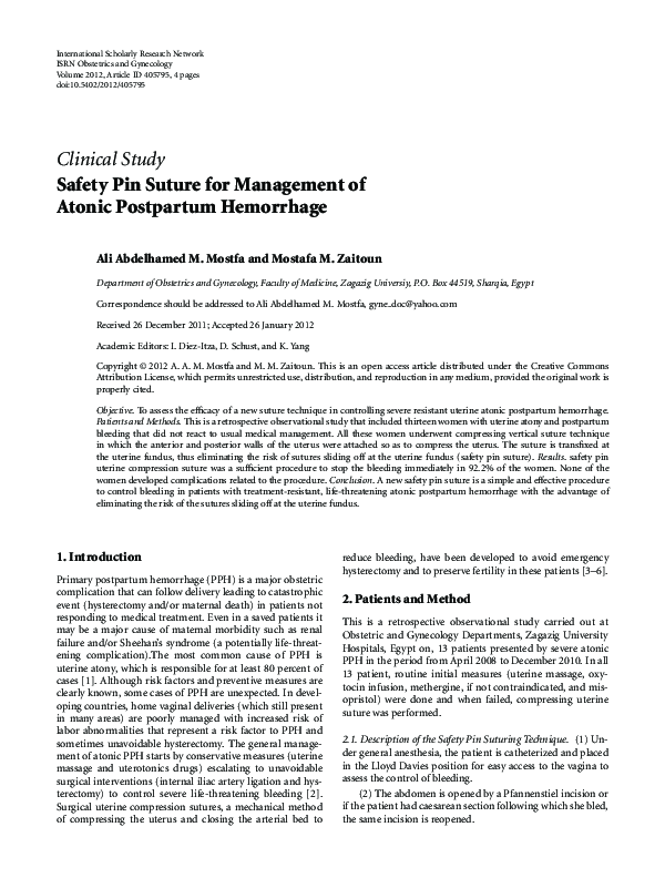 (PDF) Safety Pin Suture for Management of Atonic Postpartum Hemorrhage