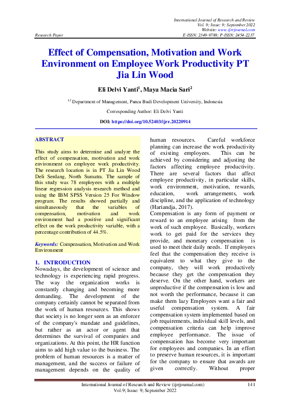 (PDF) Effect of Compensation, Motivation and Work Environment on Employee Work Productivity PT ...