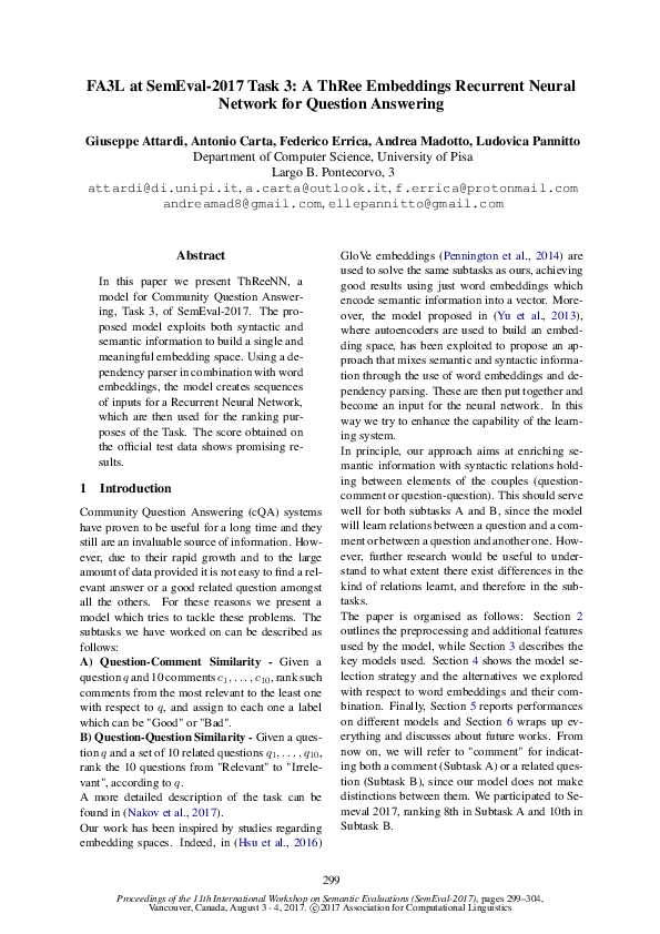 (PDF) ThReeNN: RNN for Community Q&A at SemEval-2017