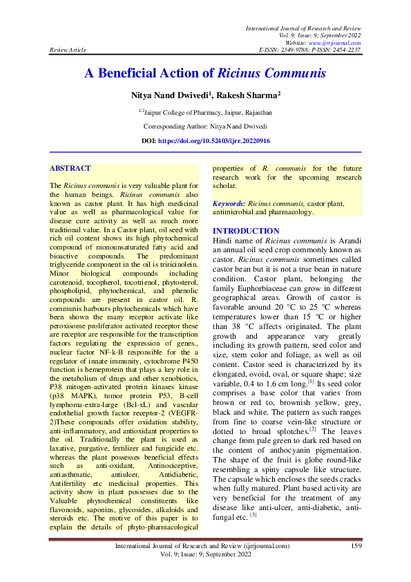 (PDF) A Beneficial Action of Ricinus Communis
