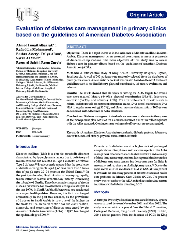 (PDF) Evaluation of diabetes care management in primary clinics based ...