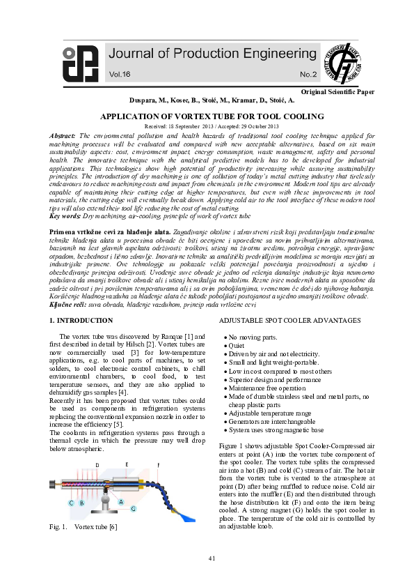 (PDF) Application of Vortex tube for tool cooling