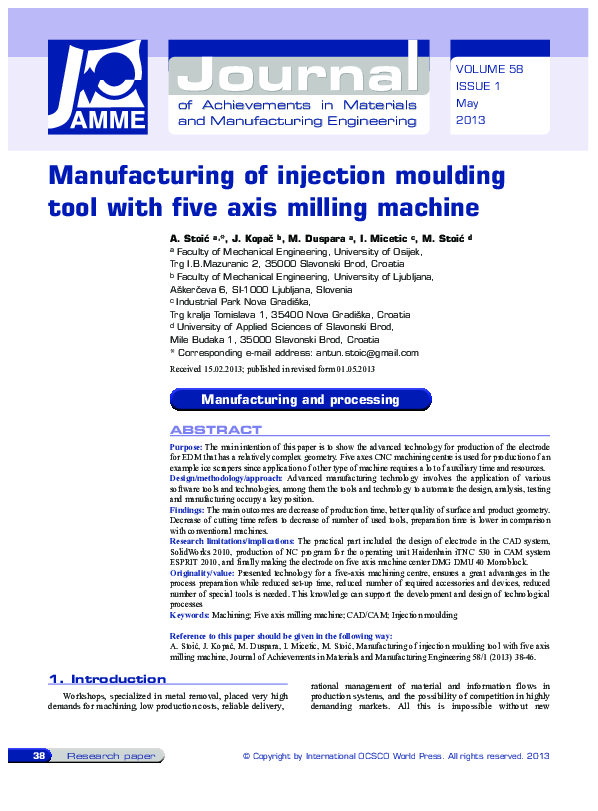 (PDF) Manufacturing of injection moulding tool with five axis milling machine