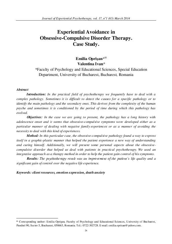 (PDF) Experiential Avoidance in Obsessive-Compulsive Disorder Therapy ...