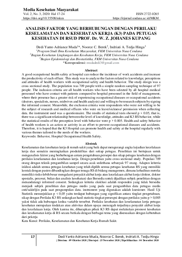 (PDF) Analisis Faktor yang Berhubungan dengan Perilaku Keselamatan dan Kesehatan Kerja (K3) pada ...