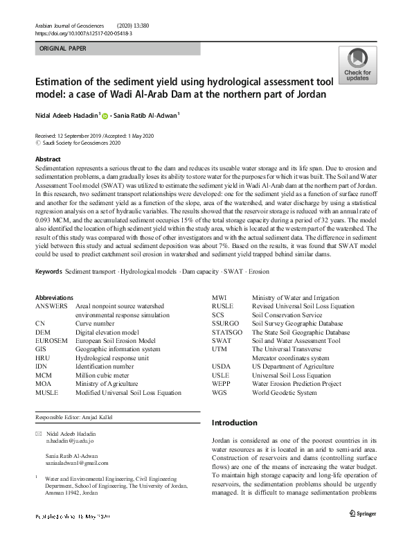 Pdf Estimation Of The Sediment Yield Using Hydrological Assessment Tool Model A Case Of Wadi