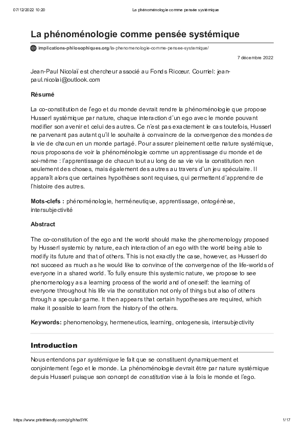 (PDF) La phénoménologie comme pensée systémique