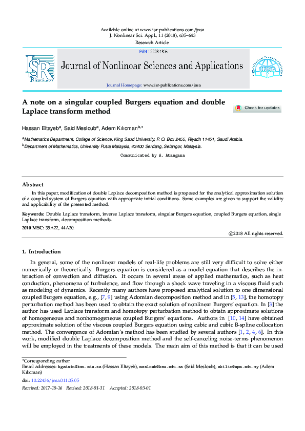 (PDF) A note on a singular coupled Burgers equation and double Laplace ...