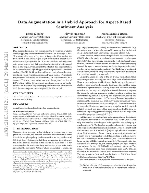 Pdf Data Augmentation In A Hybrid Approach For Aspect Based Sentiment Analysis Maria Trusca