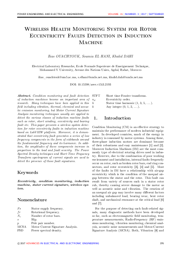 Pdf Wireless Health Monitoring System For Rotor Eccentricity Faults Detection In Induction Machine
