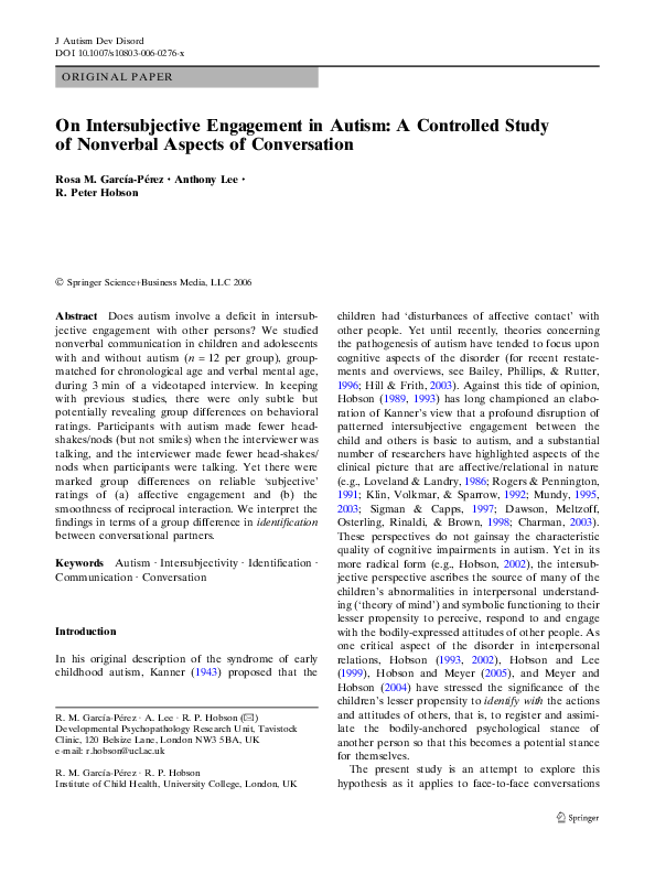 (PDF) On Intersubjective Engagement in Autism: A Controlled Study of ...