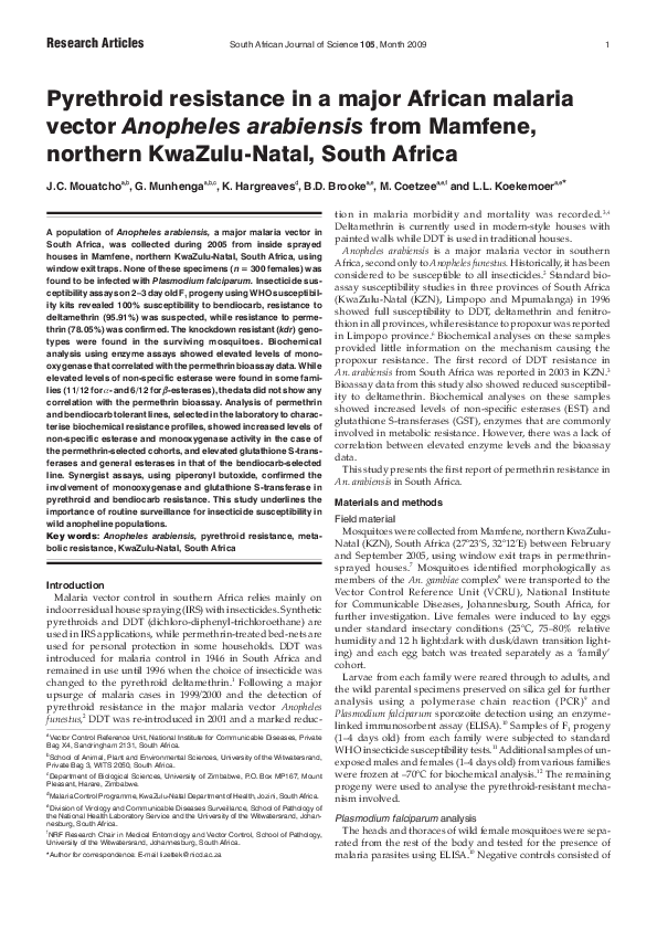(PDF) Pyrethroid resistance in a major African malaria vector Anopheles arabiensis from Mamfene ...