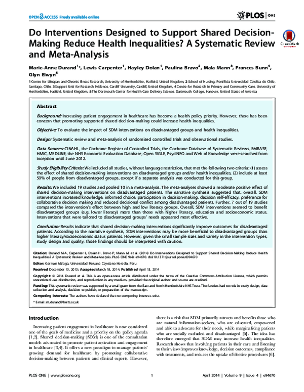 (PDF) Do Interventions Designed to Support Shared Decision-Making Reduce Health Inequalities? A ...