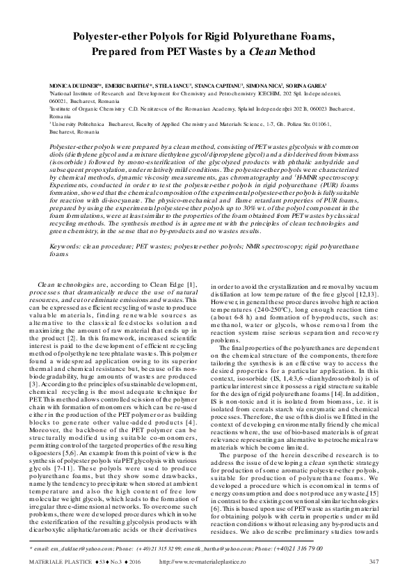 (PDF) Polyester-ether Polyols for Rigid Polyurethane Foams , Prepared ...