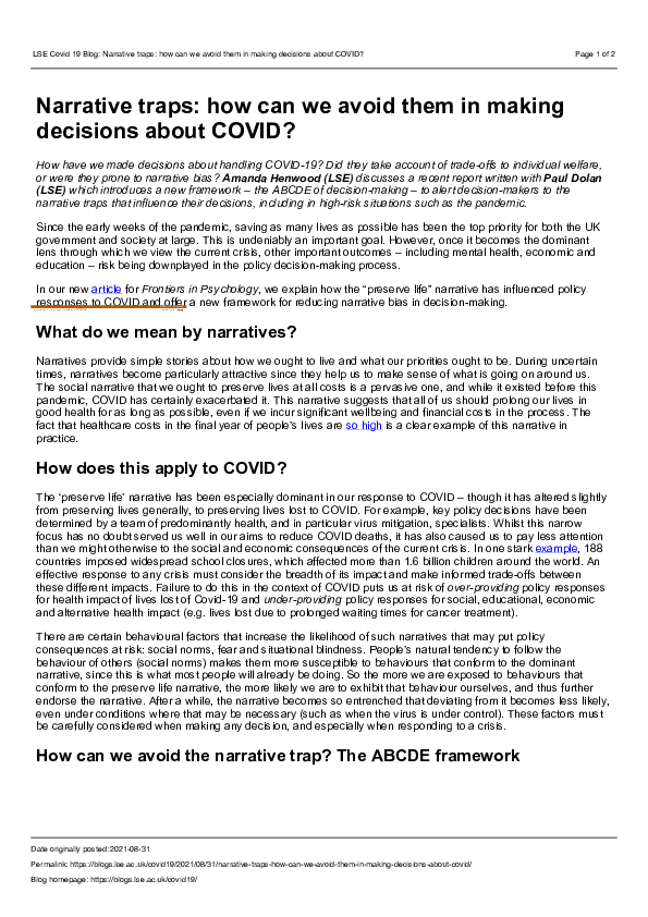Narrative traps: how can we avoid them in making decisions about COVID?