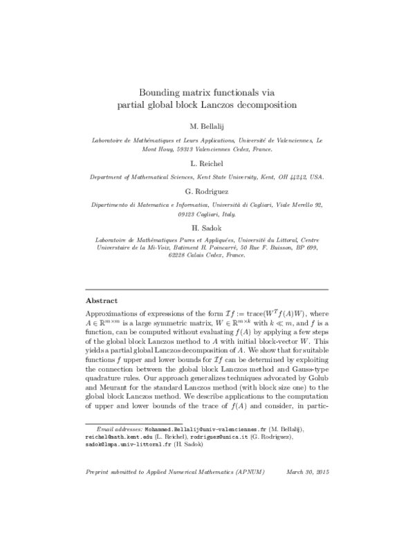 Pdf Bounding Matrix Functionals Via Partial Global Block Lanczos