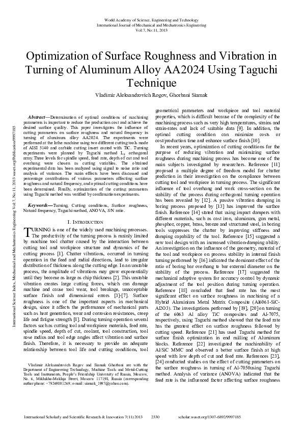 Pdf Optimization Of Surface Roughness And Vibration In Turning Of Aluminum Alloy Aa2024 Using