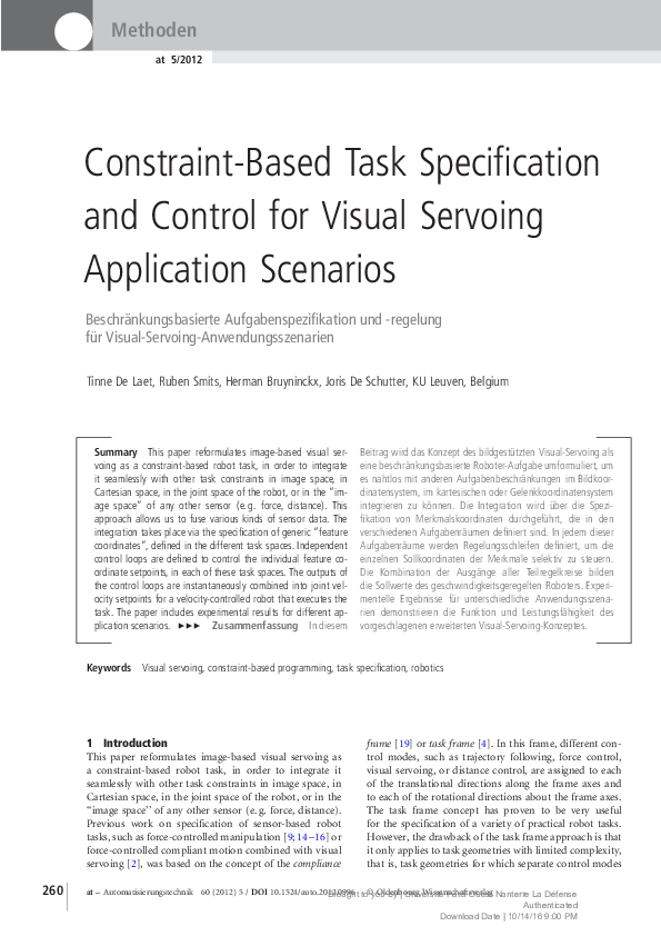 Pdf Constraint Based Task Specification And Control For Visual Servoing Application Scenarios