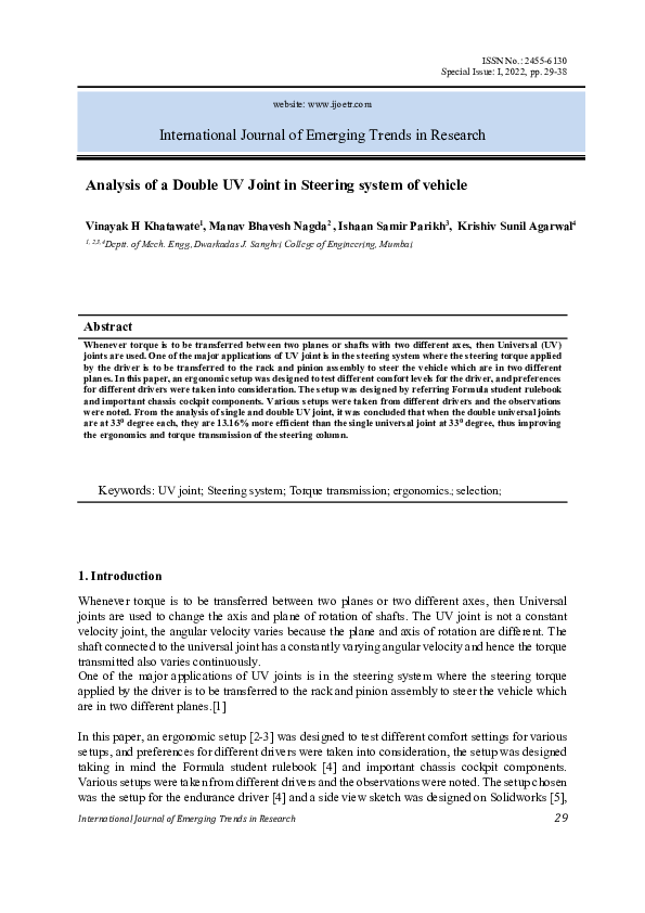 (PDF) Analysis of a Double UV Joint in Steering system of vehicle