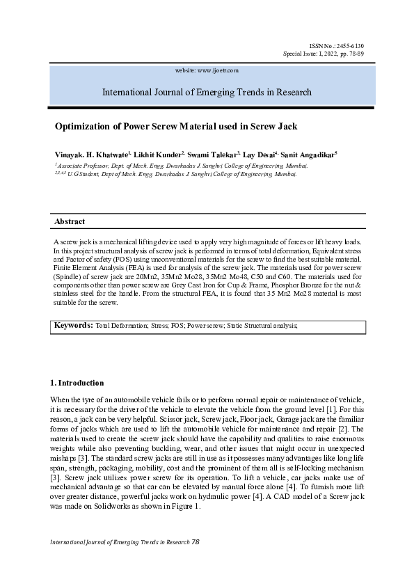 (PDF) Optimization of Power Screw Material used in Screw Jack