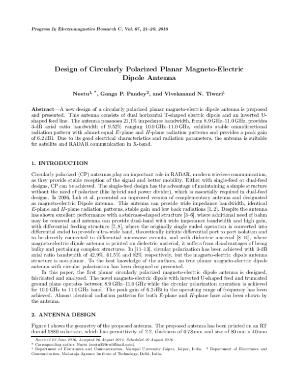 Pdf Design Of Circularly Polarized Planar Magneto Electric Dipole Antenna Ganga Pandey