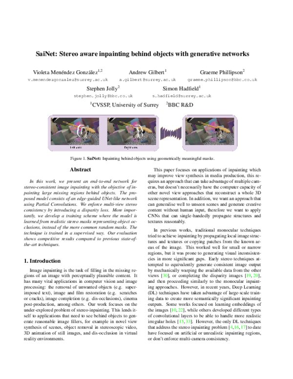 (PDF) SaiNet: Stereo aware inpainting behind objects with generative ...