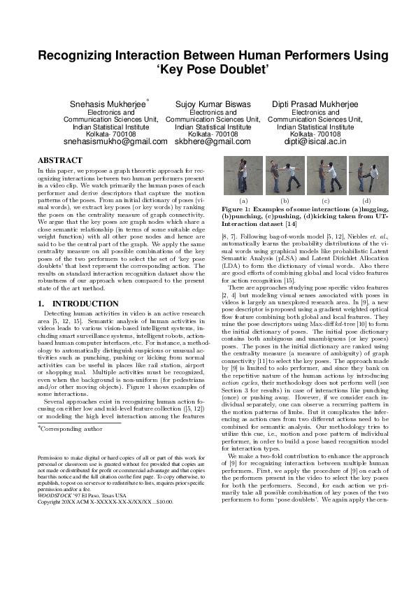 Recognizing interaction between human performers using 'key pose doublet