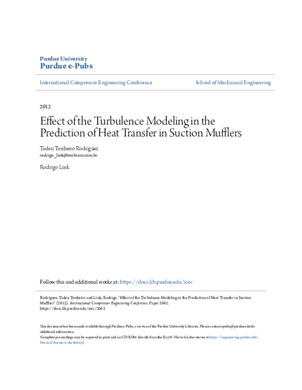 (PDF) Effect of the Turbulence Modeling in the Prediction of Heat Transfer in Suction Mufflers