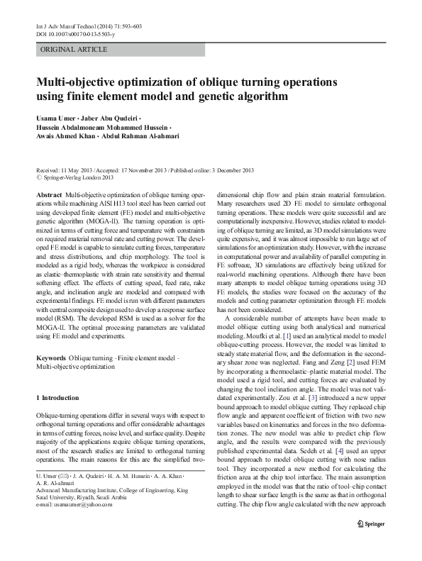 Pdf Multi Objective Optimization Of Oblique Turning Operations Using