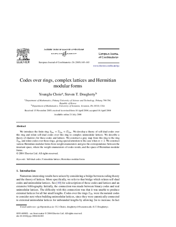 Pdf Codes Over Rings Complex Lattices And Hermitian Modular Forms