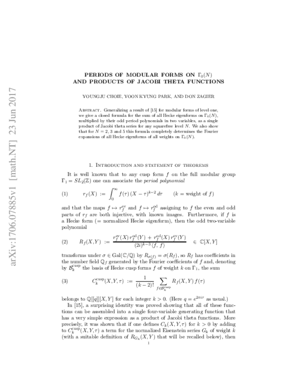(PDF) Periods of modular forms on $\Gamma_0(N)$ and products of Jacobi theta functions