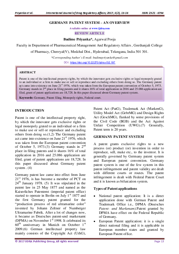 (PDF) Germany Patent System – an Overview
