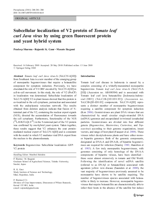 (PDF) Subcellular localization of V2 protein of Tomato leaf curl Java ...