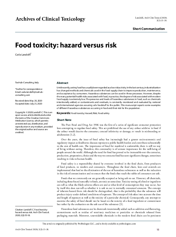 (PDF) Food Toxicity- Hazard versus Risk