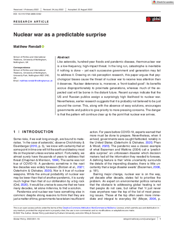 (PDF) Nuclear war as a predictable surprise