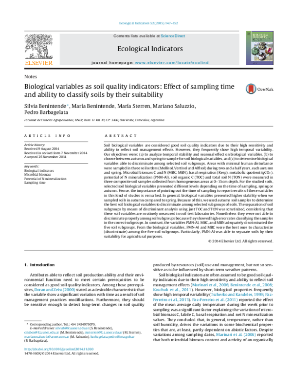 (PDF) Biological variables as soil quality indicators: Effect of sampling time and ability to ...